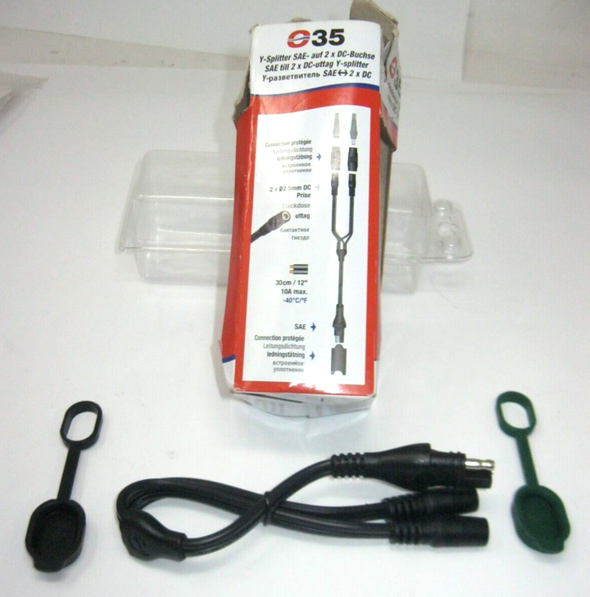 OptiMATE Y-Splitter. SAE IN to 2 x DC sockets OUT for your Heated Appa ...